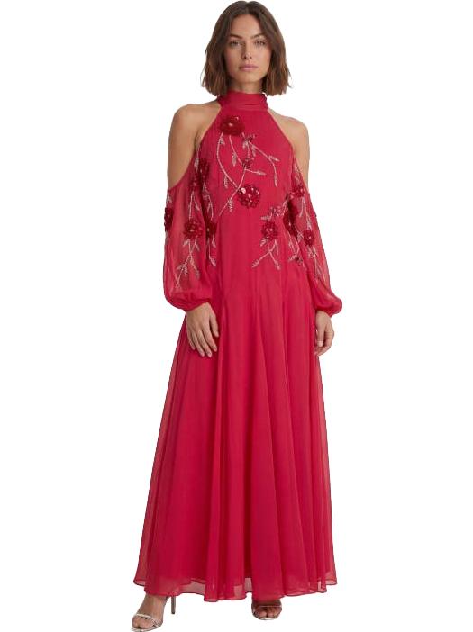 KAREN MILLEN Karen Millen Petite 3D Floral Appliqué Cold Shoulder Maxi Dress